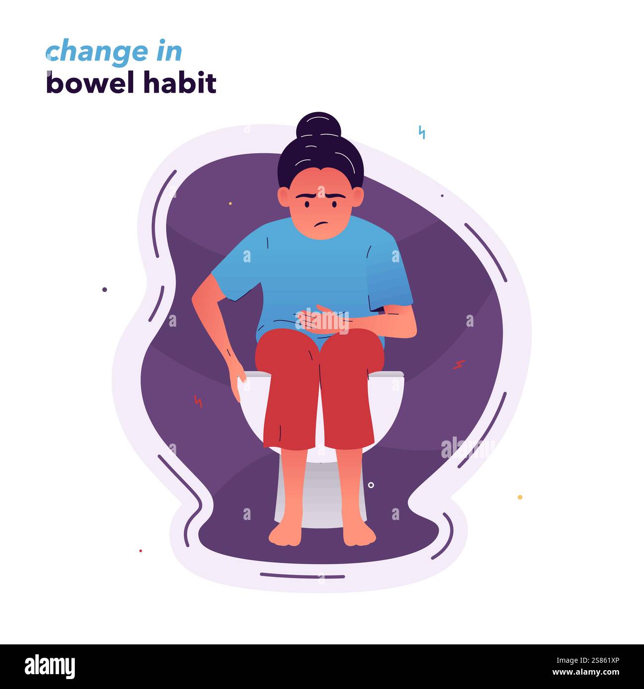 Vector illustration of a girl who sits on the toilet, holding her ...
