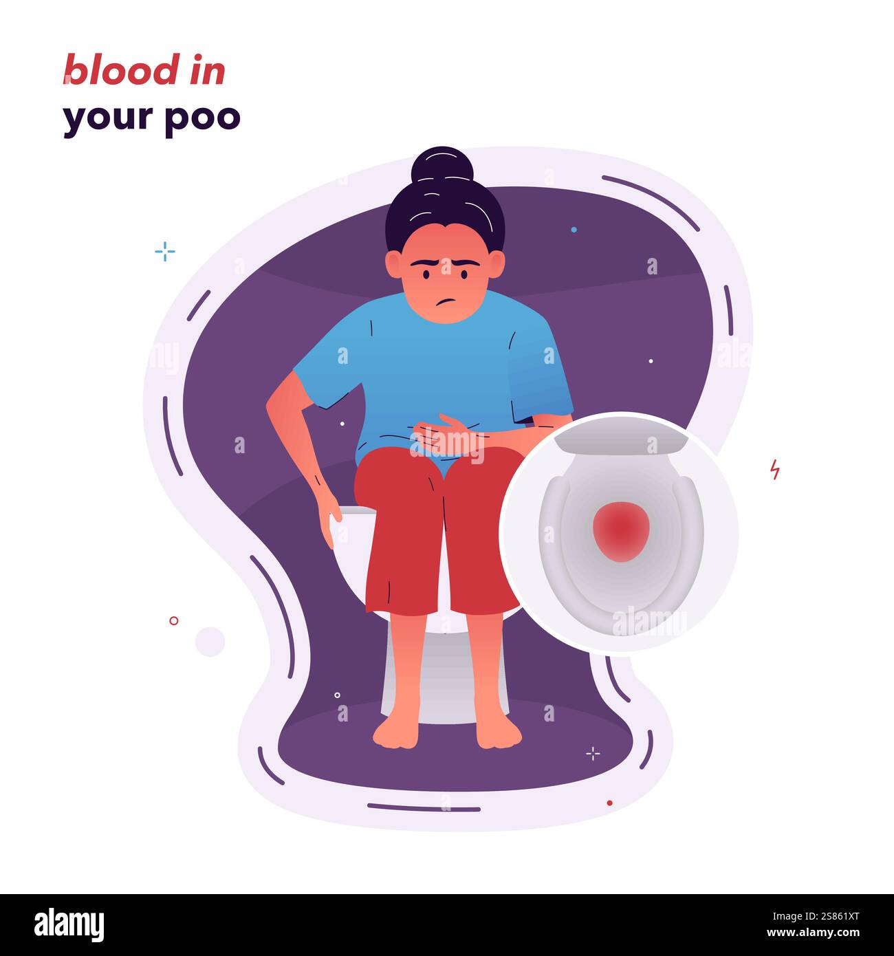 Vector illustration of a girl who sits on the toilet, holding her hand to her stomach. Blood in ...
