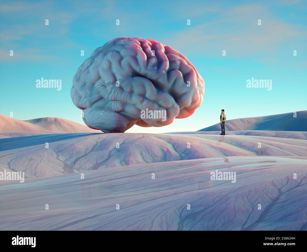 Man looks to a huge brain. Mental capacity, cognitive processing, and ...
