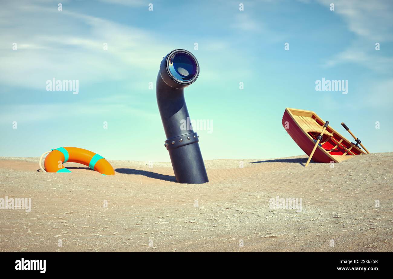 Periscope in the sand with a boat and a lifebuoy. Stuck and problem ...