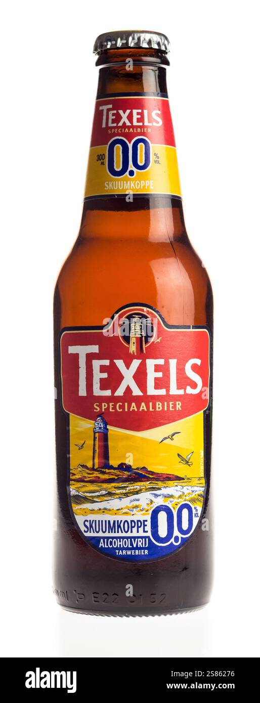 Bottle of non-alcoholic Texels Skuumkoppe beer isolated on white ...