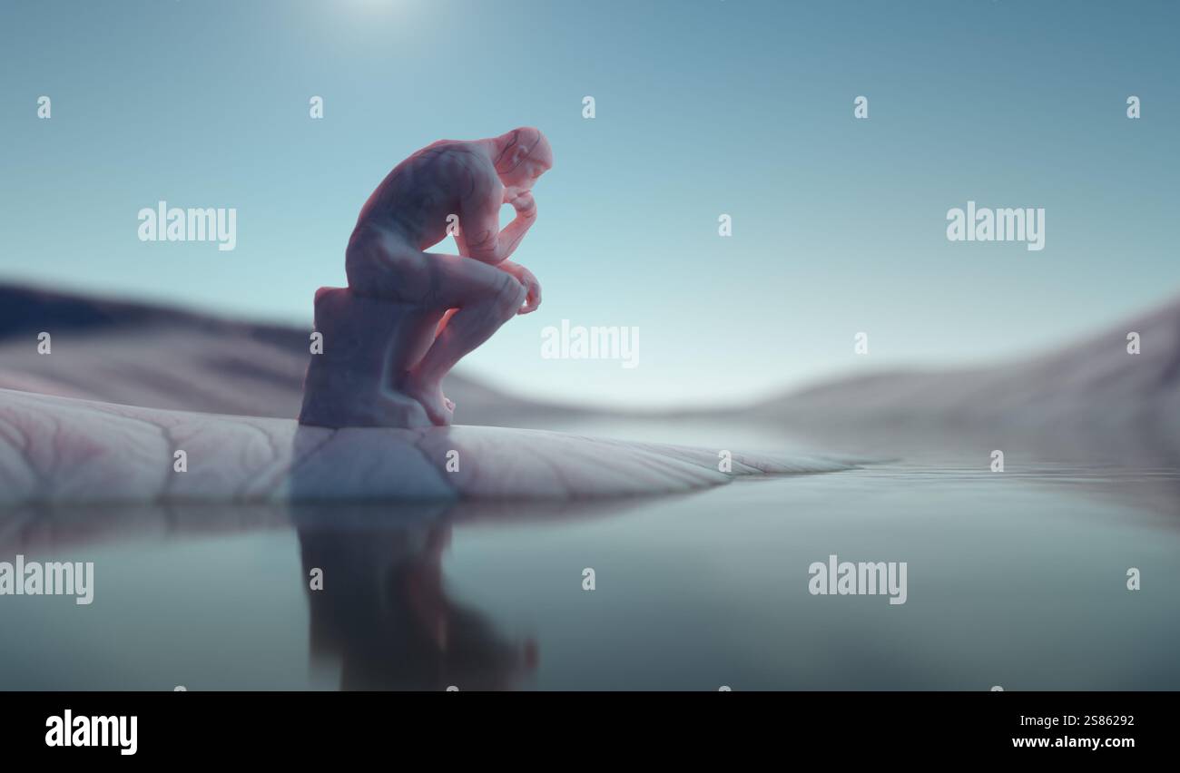 Abstract image of a thinking man sitting down. Confusion and overthinking concept. This is a 3d ...