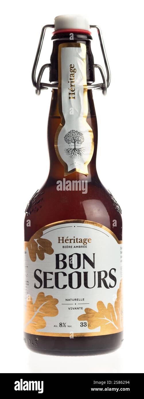 Bottle of Belgian Bon Secours Heritage amber beer isolated on white ...