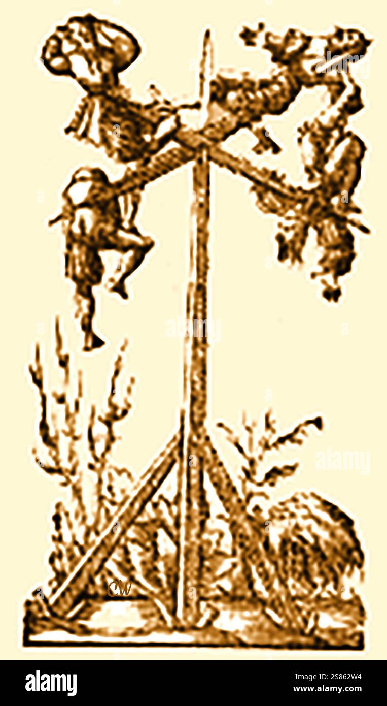 16th century illustration of brutal spiked gallows used in Calcutta ...