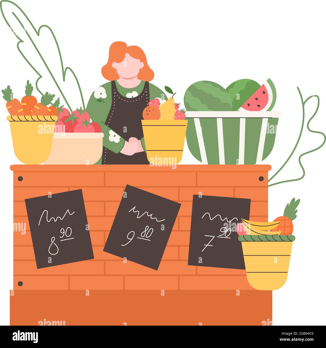 Female greengrocer standing behind her stall selling fresh fruit and ...