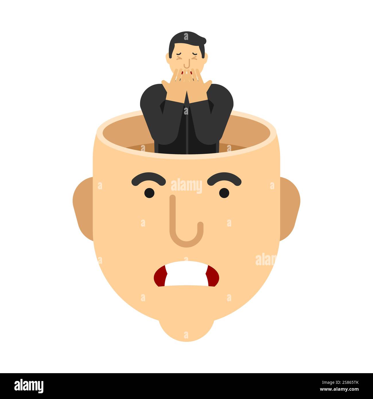 Illustration of concept of loneliness. Sad guy sits inside head. Inner ...
