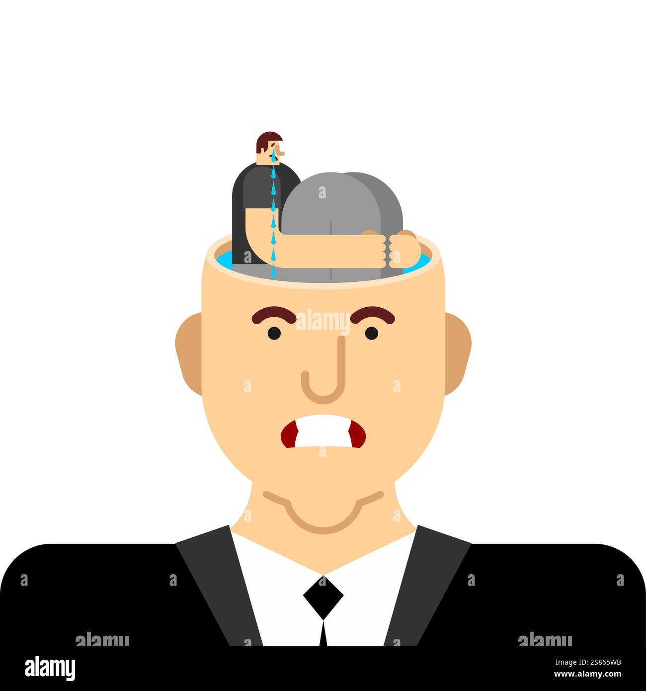 Illustration of concept of loneliness. Sad guy sits inside head. Inner ...