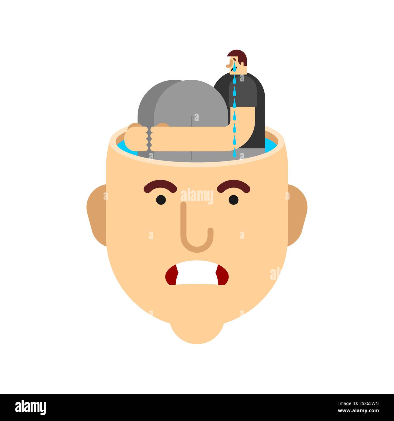 Illustration of concept of loneliness. Sad guy sits inside head. Inner ...