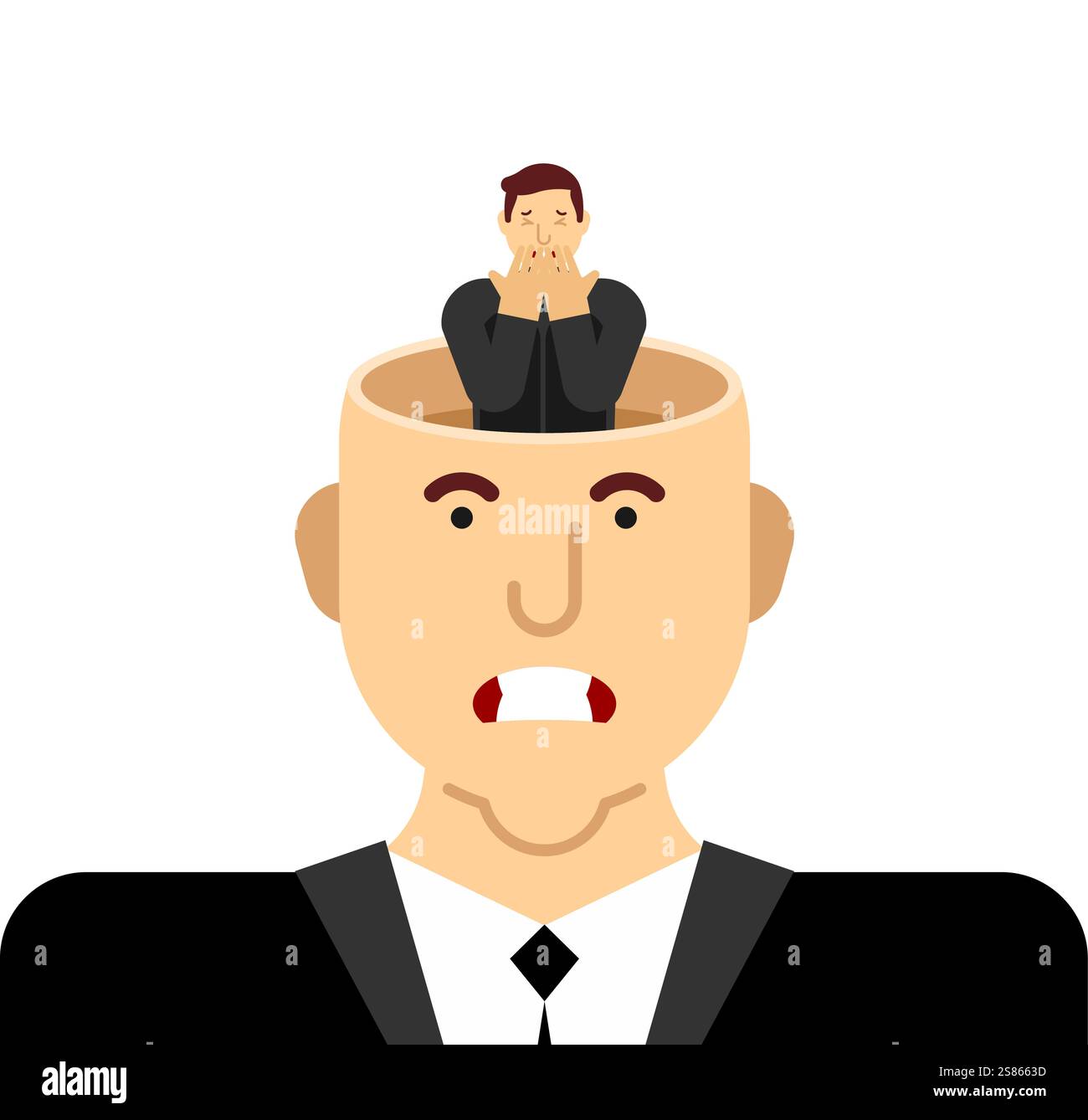 Illustration of concept of loneliness. Sad guy sits inside head. Inner ...