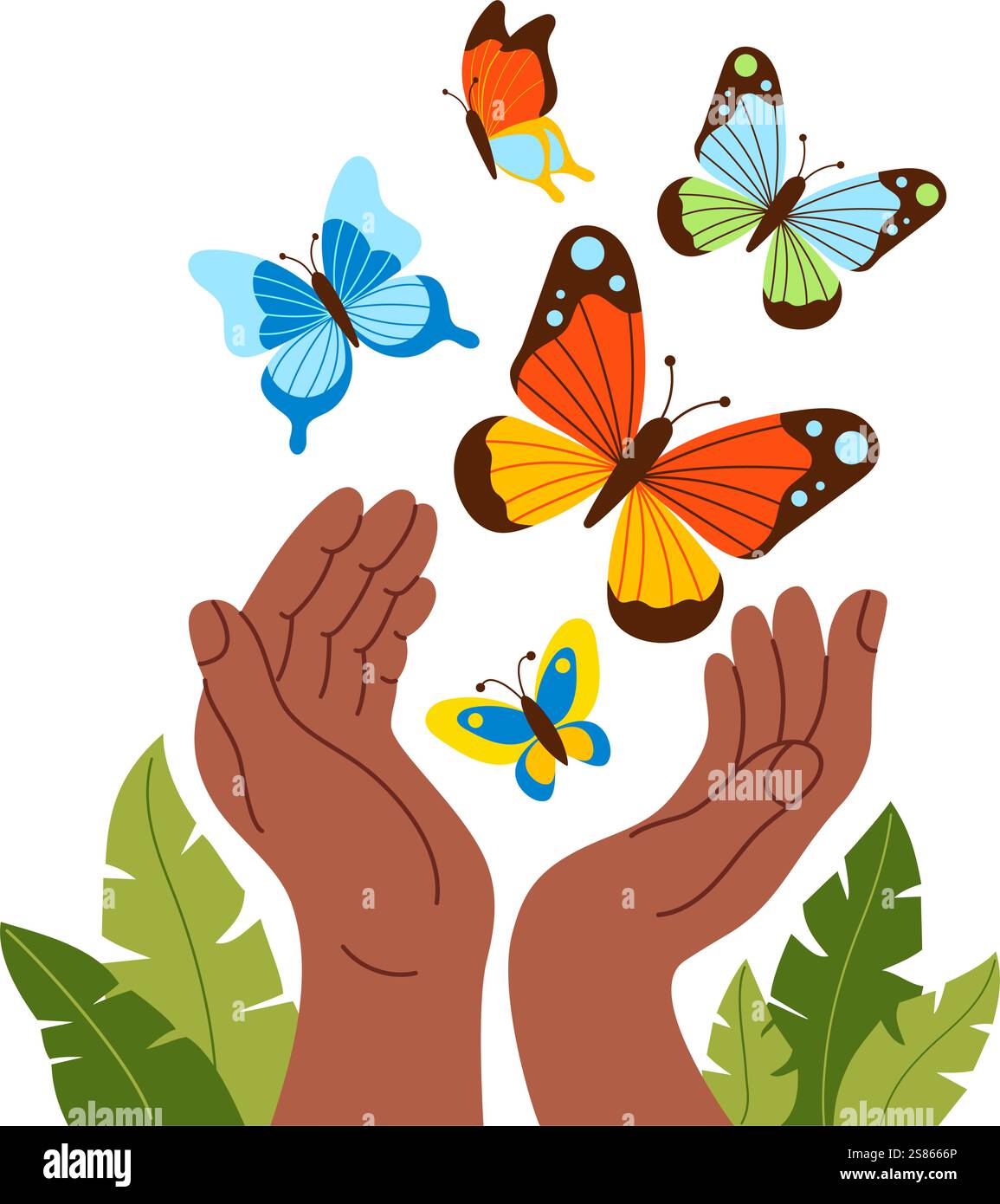 Multicolored rainbow butterflies fly out from dark-skinned palms of ...