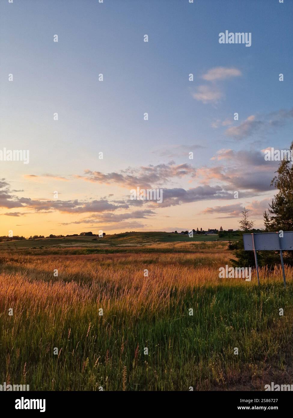 Stunning sunset over a golden field, with the sun dipping below the ...