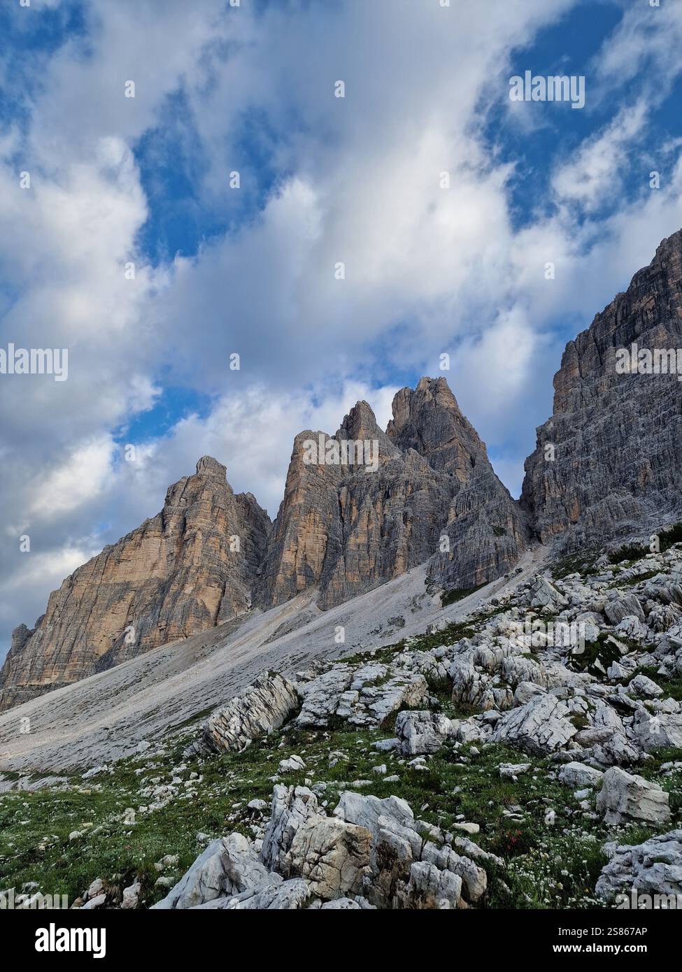 Stunning view of rugged mountain peaks in the Dolomites, sharp, jagged ...