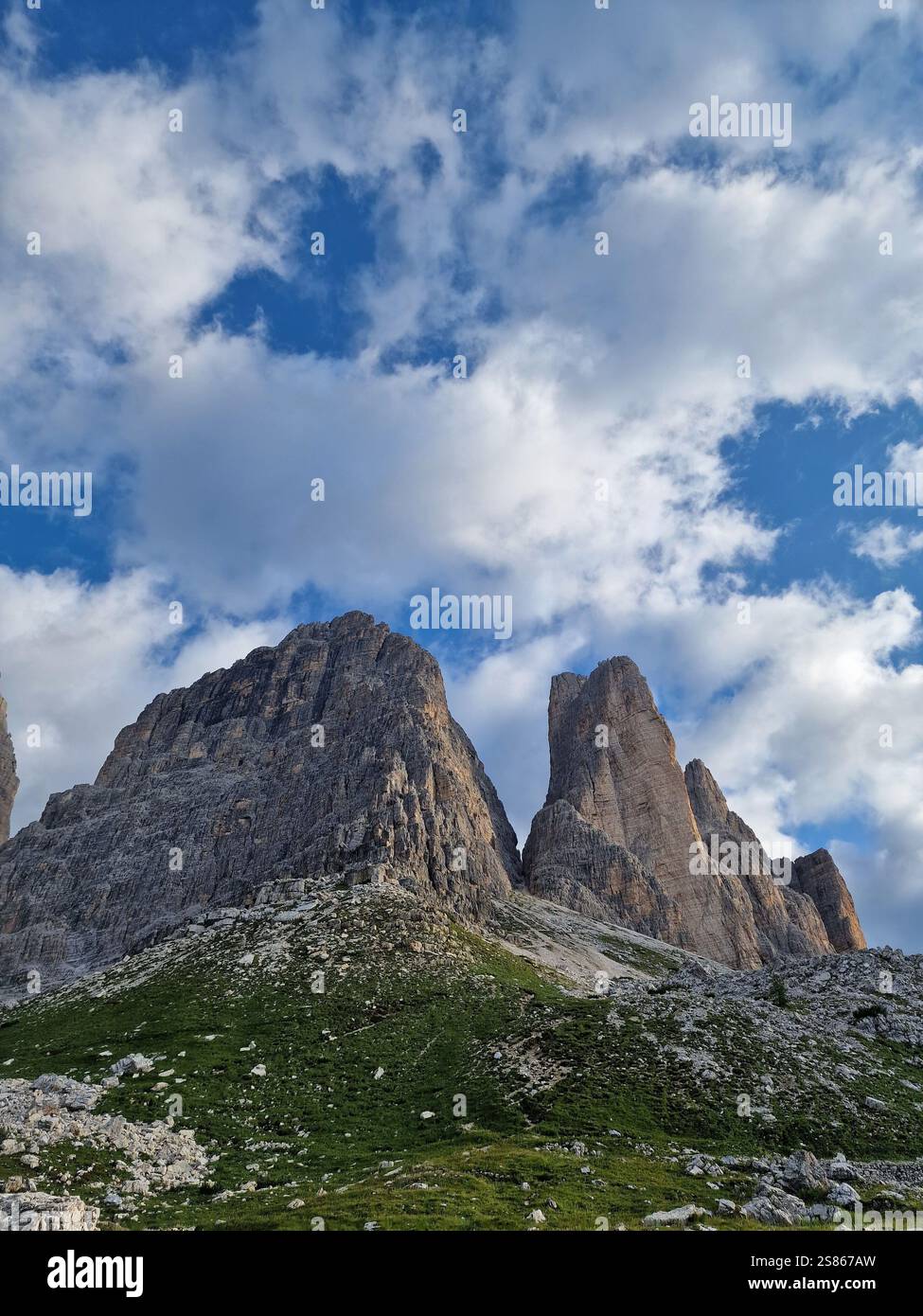 Stunning view of rugged mountain peaks in the Dolomites, sharp, jagged ...