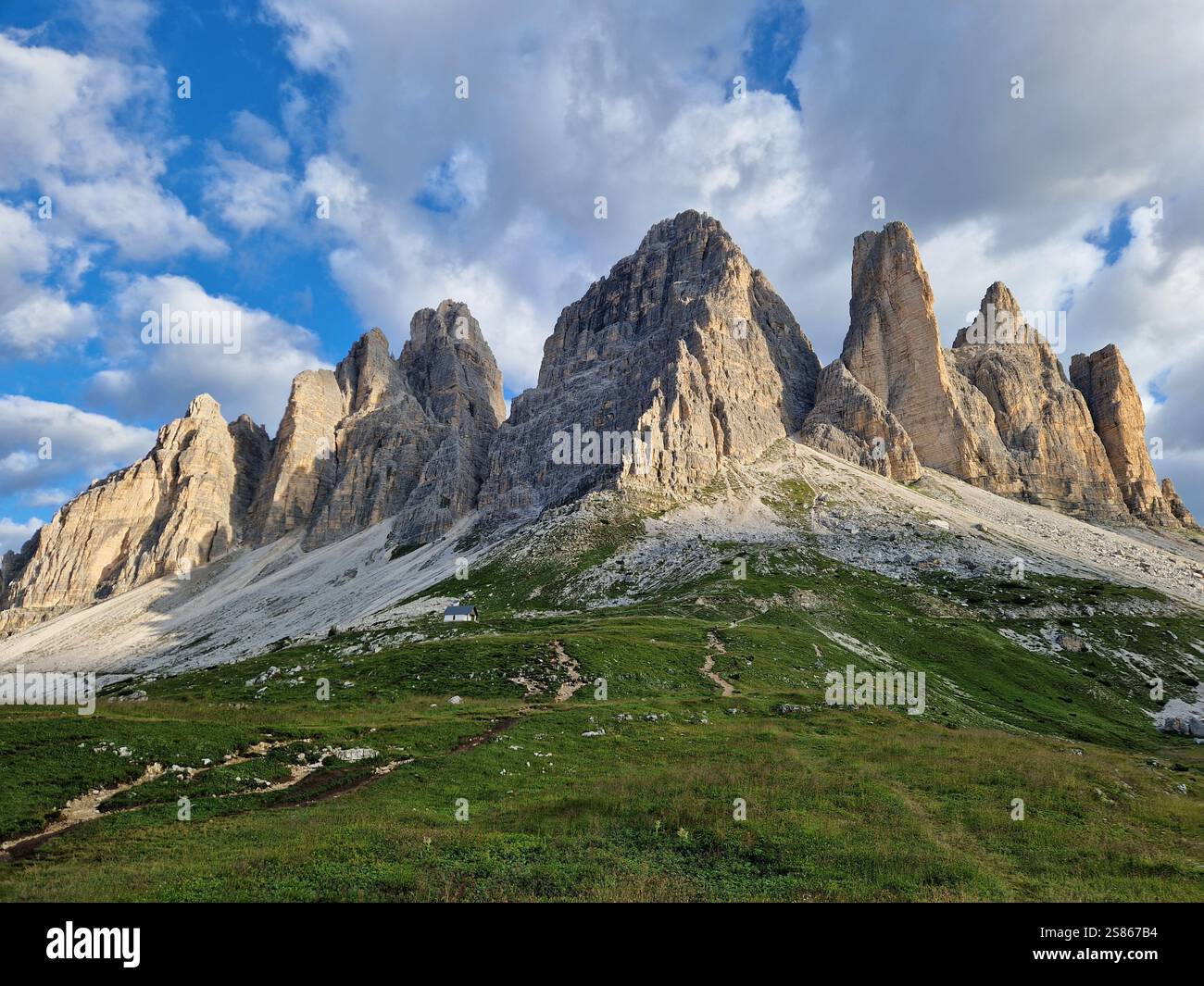 Stunning view of rugged mountain peaks in the Dolomites, sharp, jagged ...