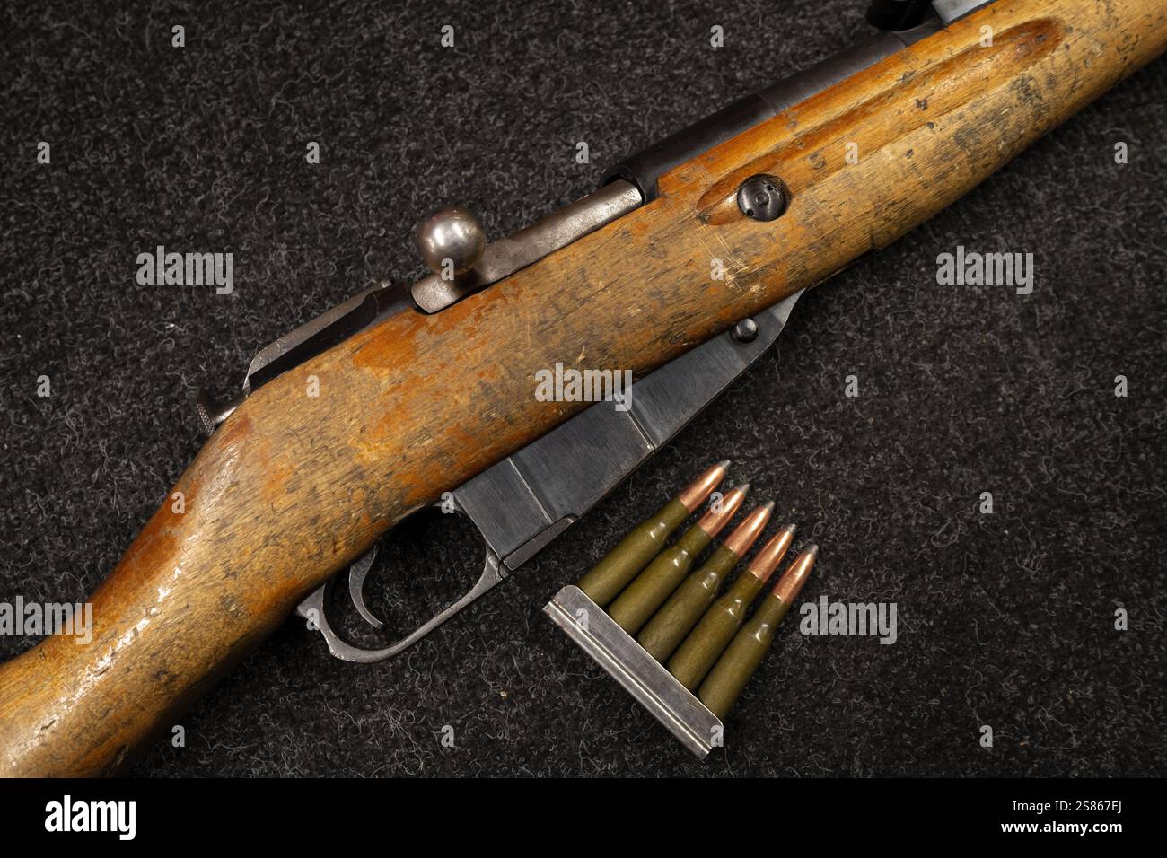 Classic Russian old bolt action rifle from WWII and a magazine of 7 ...