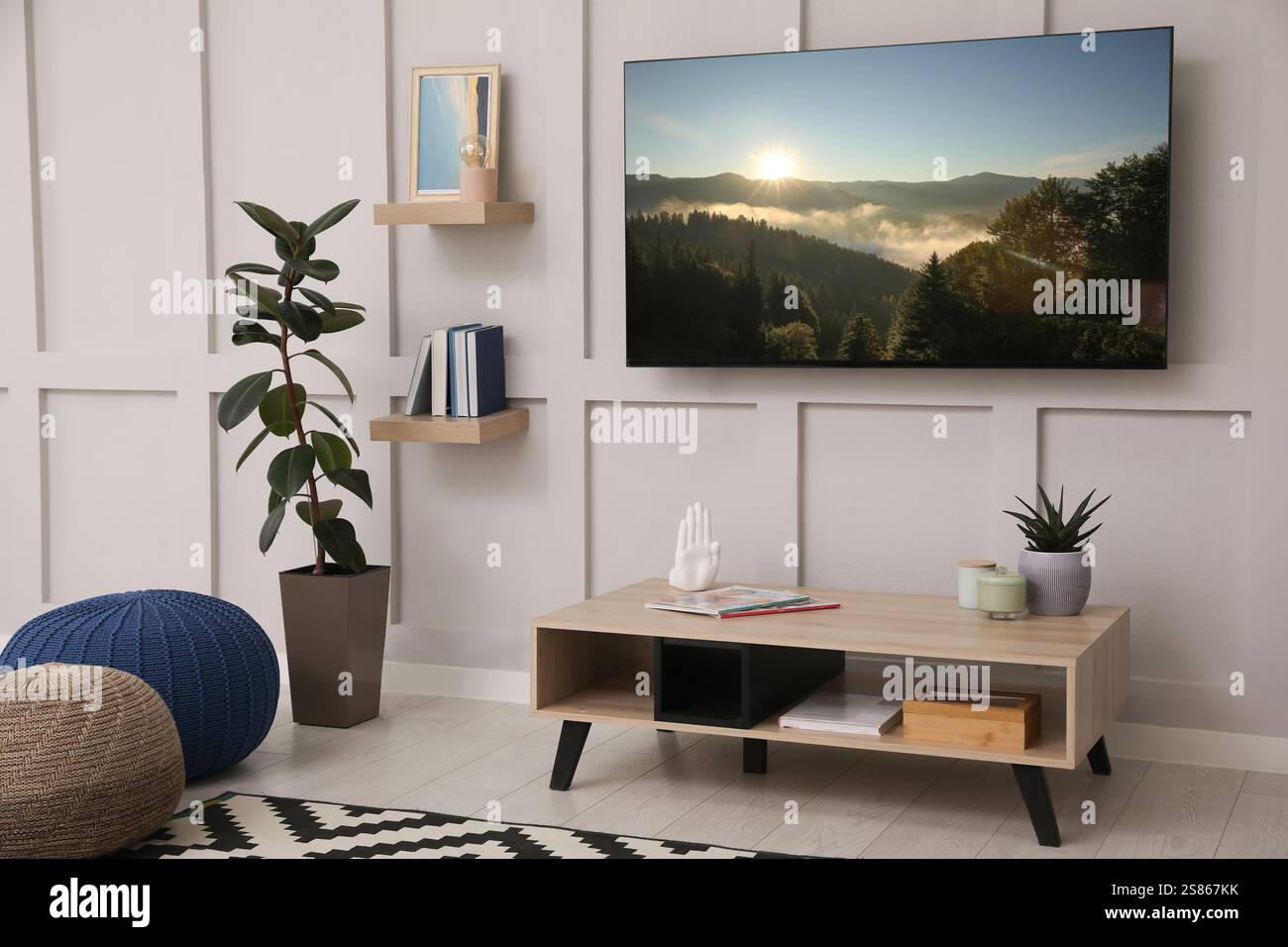 TV set with nature landscape on screen in room Stock Photo - Alamy