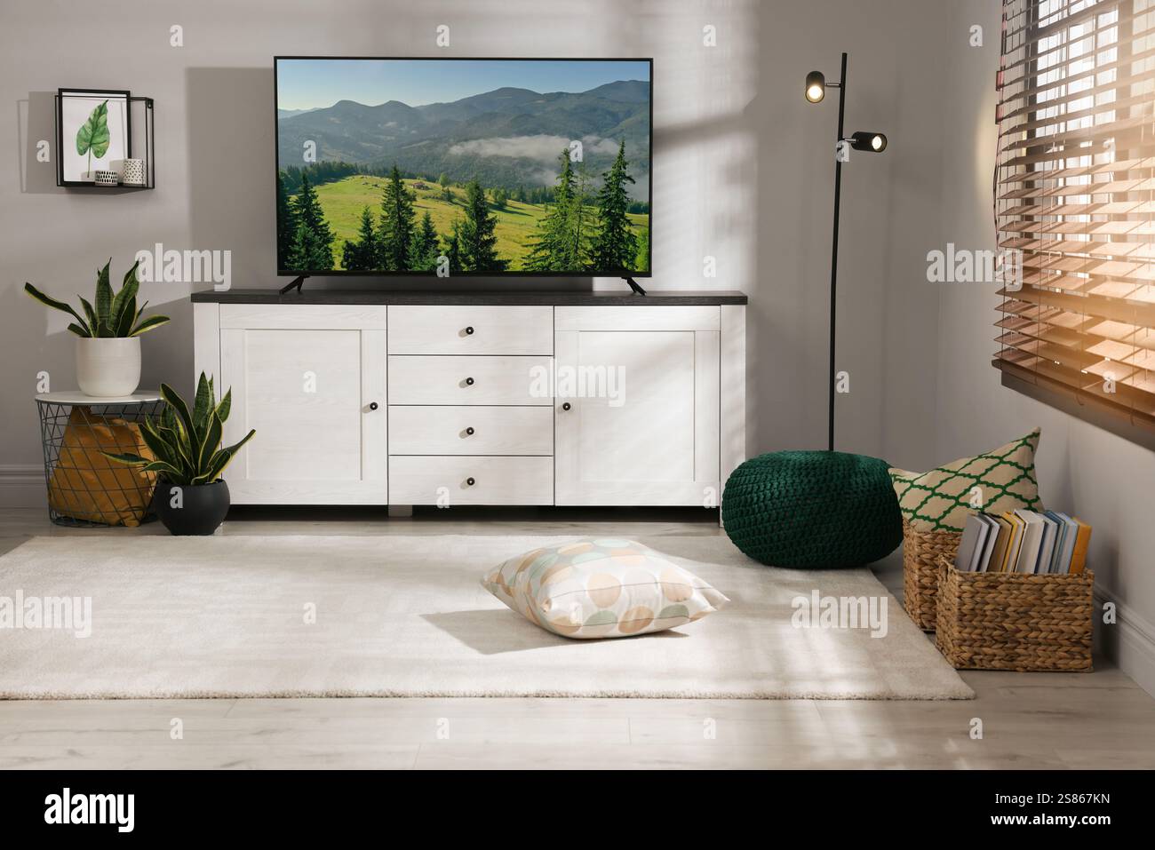 TV set with nature landscape on screen in room Stock Photo - Alamy