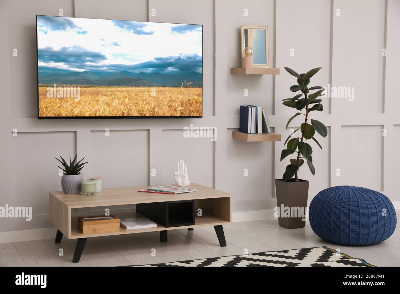 TV set with nature landscape on screen in room Stock Photo - Alamy