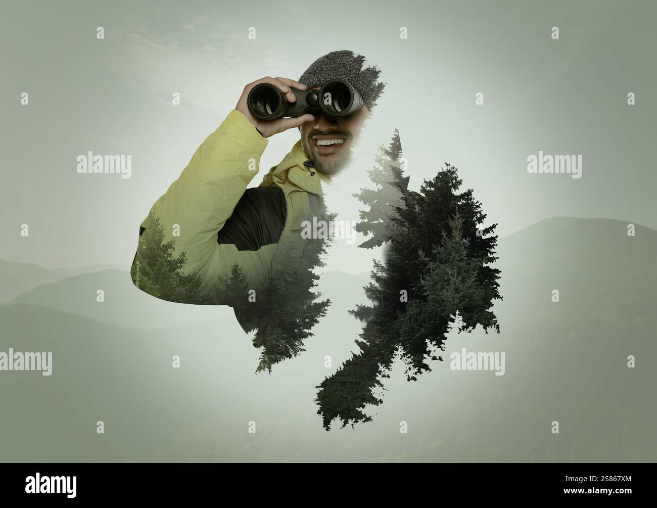 Traveler, multiple exposure with landscape of nature Stock Photo - Alamy