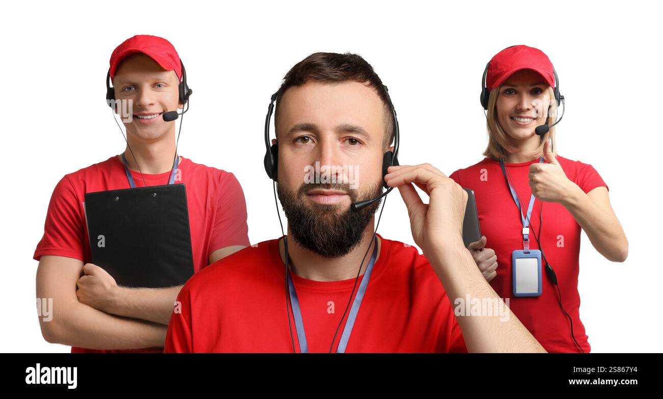 Technical support call center. Friendly operators with headsets on ...