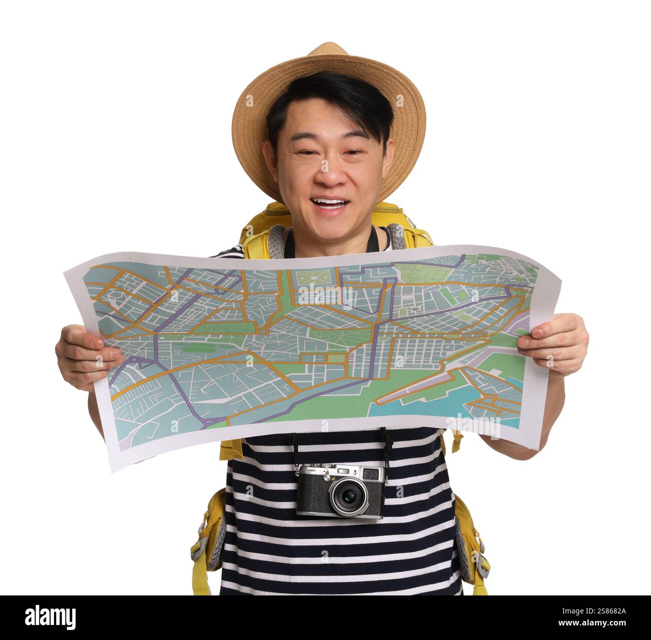 Traveller with map and backpack on white background Stock Photo - Alamy