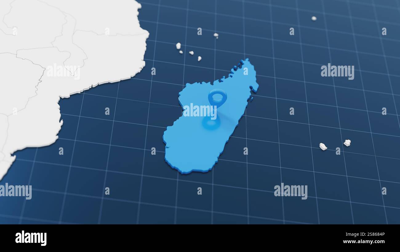 Blue Madagascar 3d map with pointer pin surrounded with other countries ...