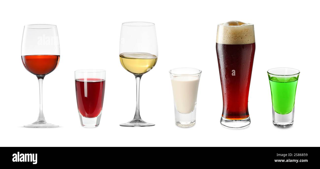 Absinthe and other alcohol drinks isolated on white, set Stock Photo ...