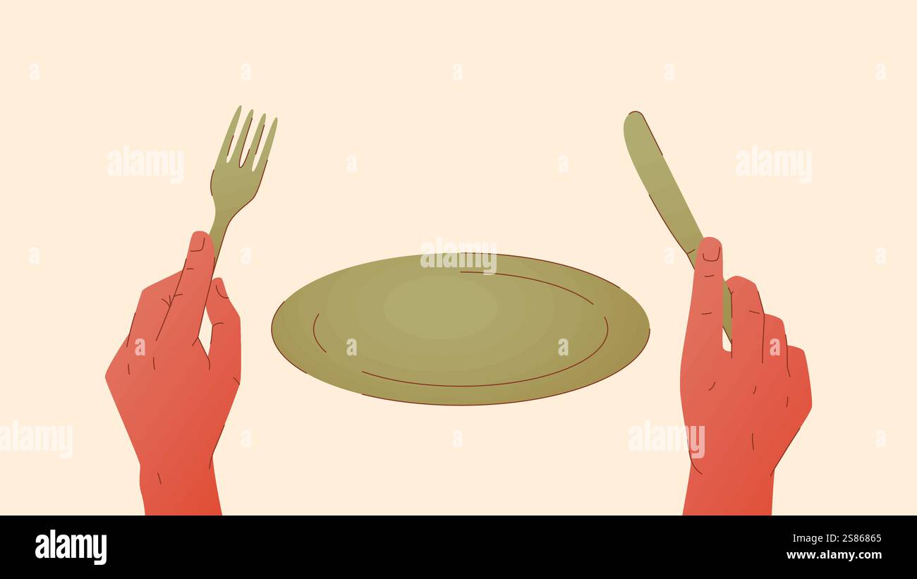 Empty plate and hands holding fork and knife. Concept representing food ...