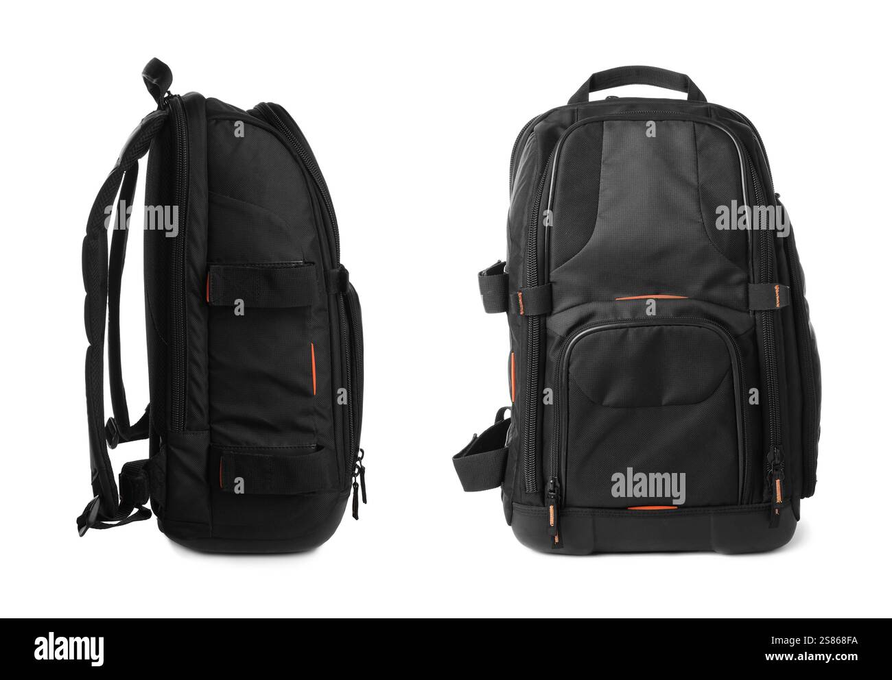 Black backpack isolated on white, collage. Different sides Stock Photo ...