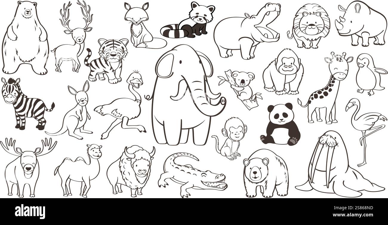 Cute Cartoonish Wild Animals Vector Illustration Set Isolated On A ...