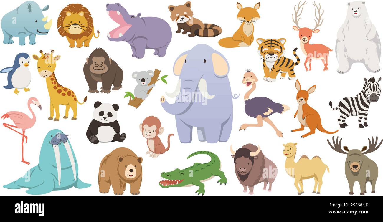 Cute Cartoonish Wild Animals Vector Illustration Set Isolated On A ...