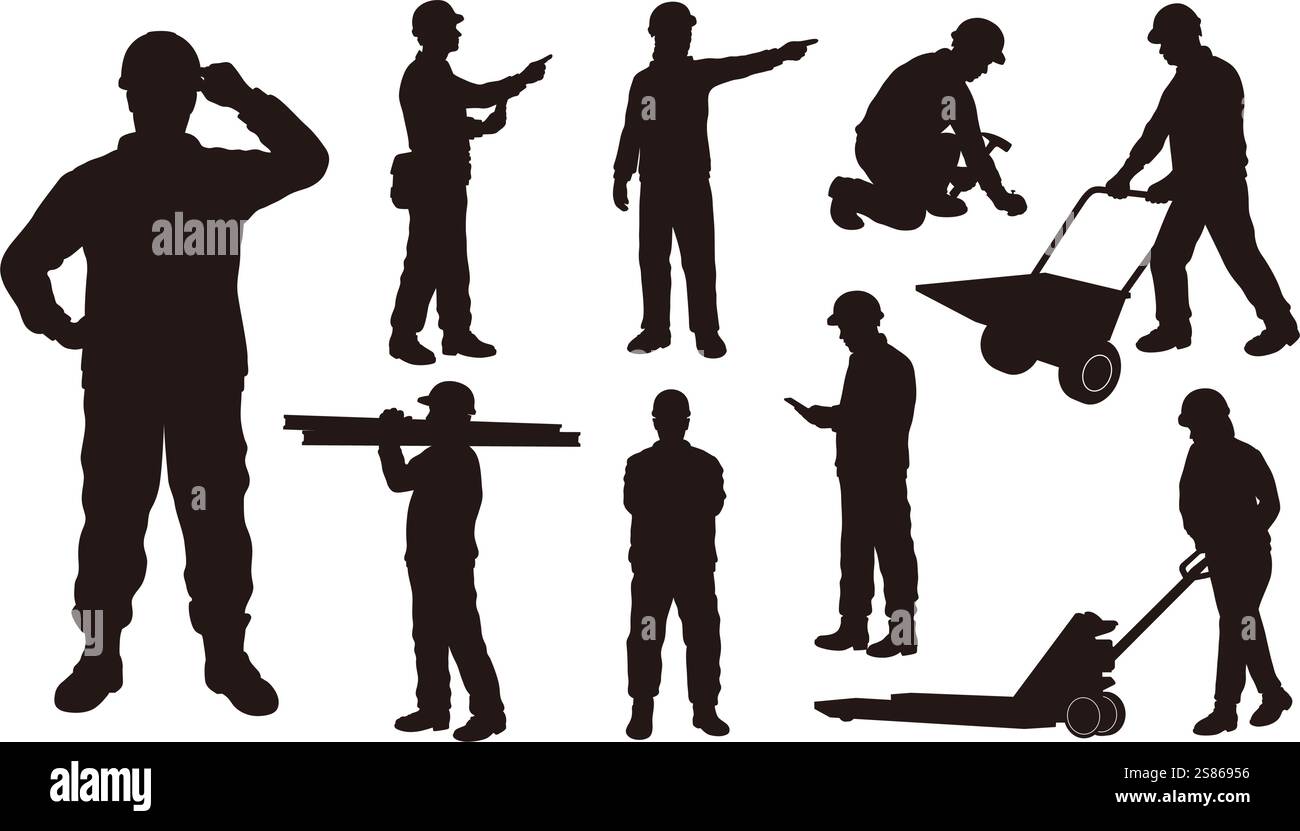 Set Of Black And White Construction Workers Silhouette Illustrations Isolated On A White ...