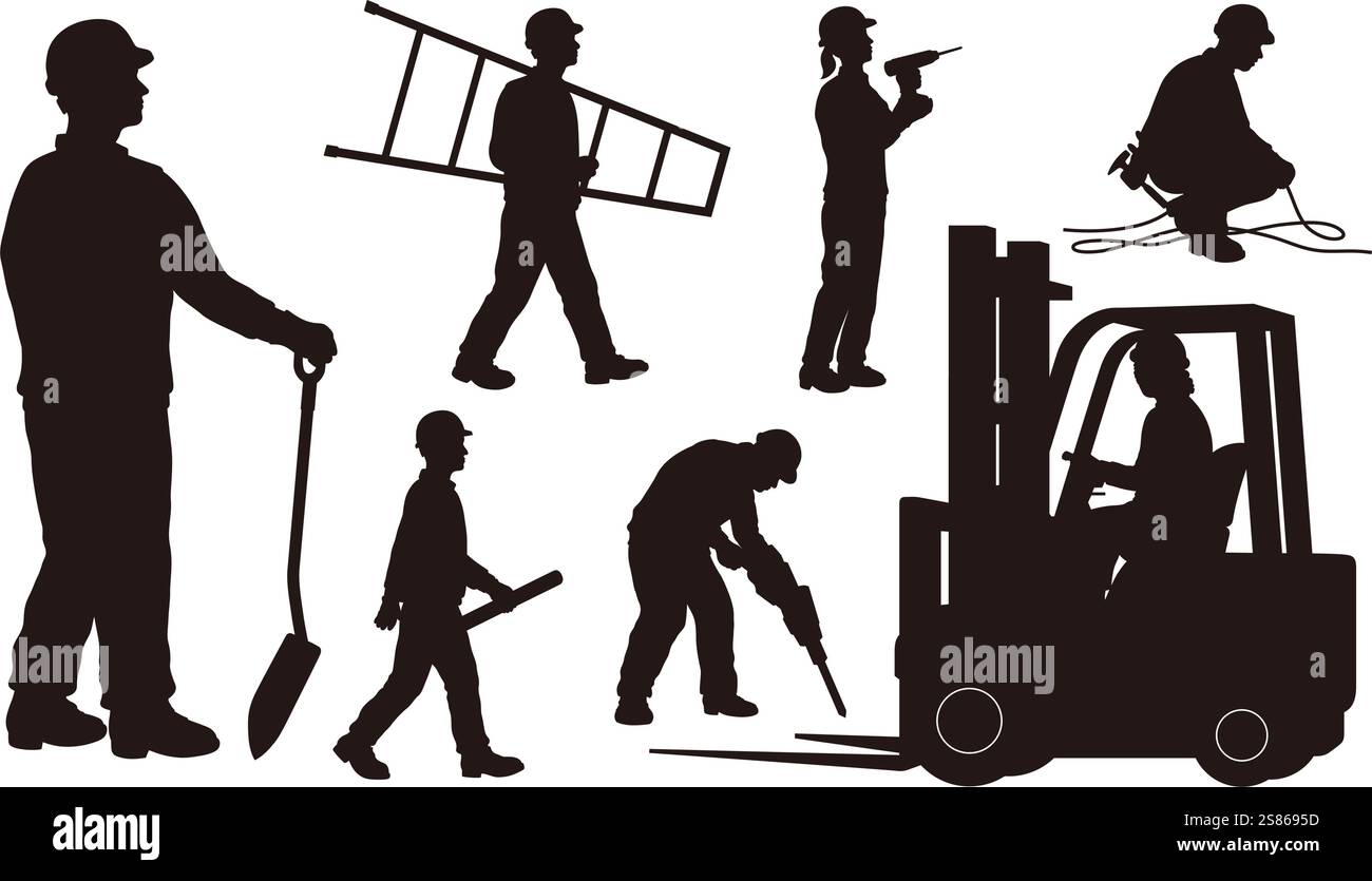 Set Of Black And White Construction Workers Silhouette Illustrations ...