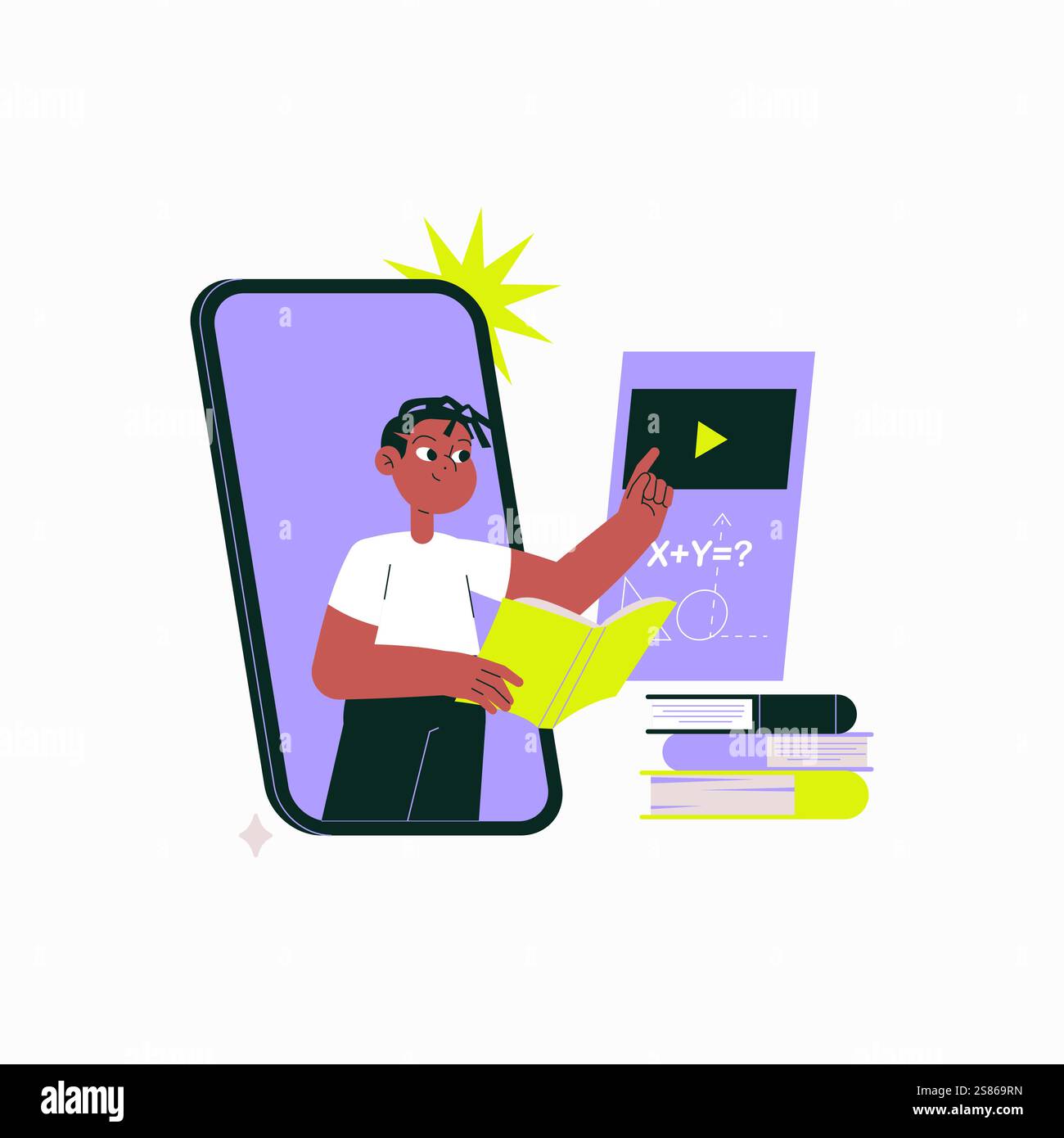 Male Student Learning Online With Books And Mobile Phone Screen In Flat ...