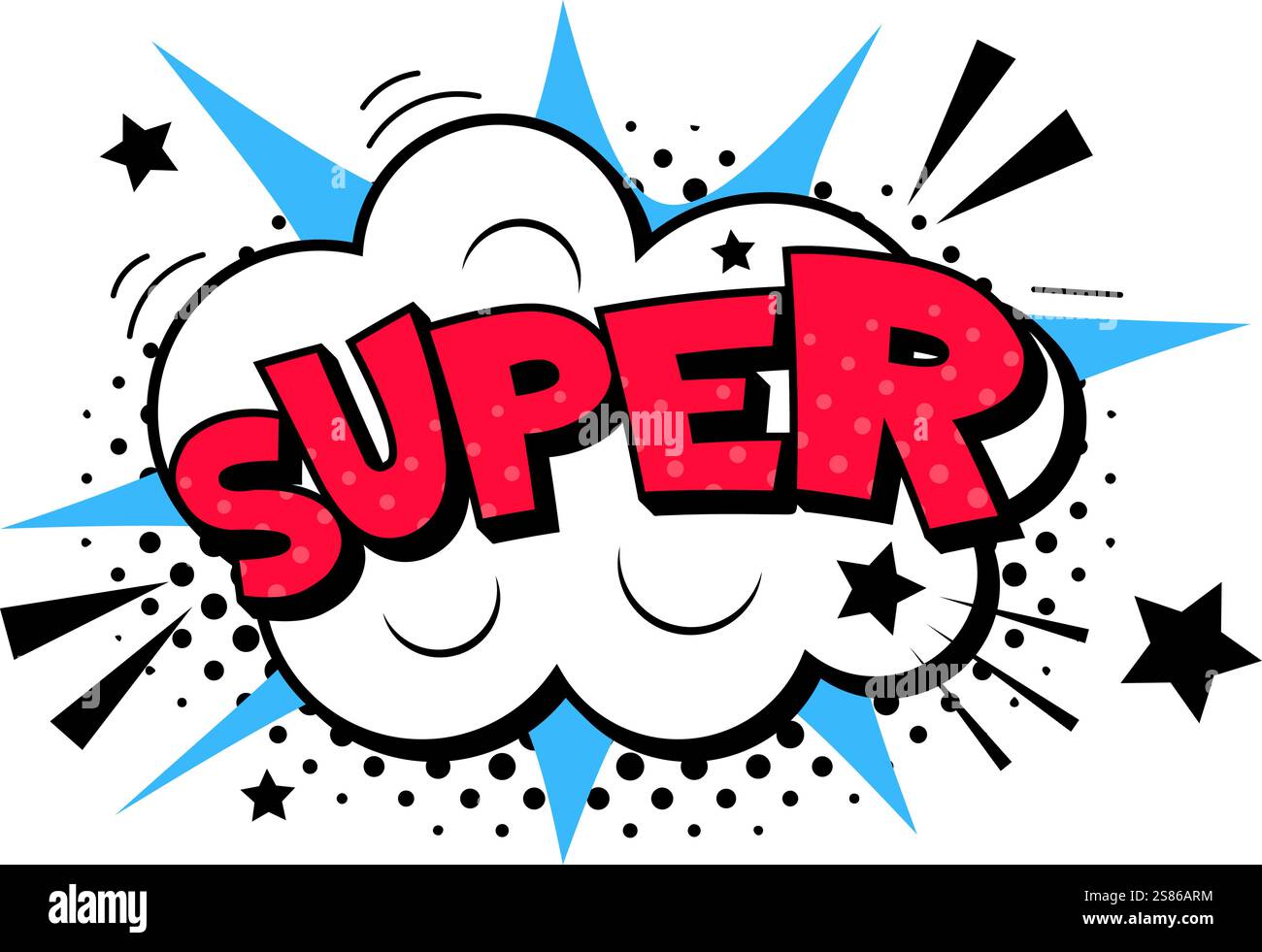 Super comic pop art expression exploding from a cloud with stars and halftone dots conveying ...