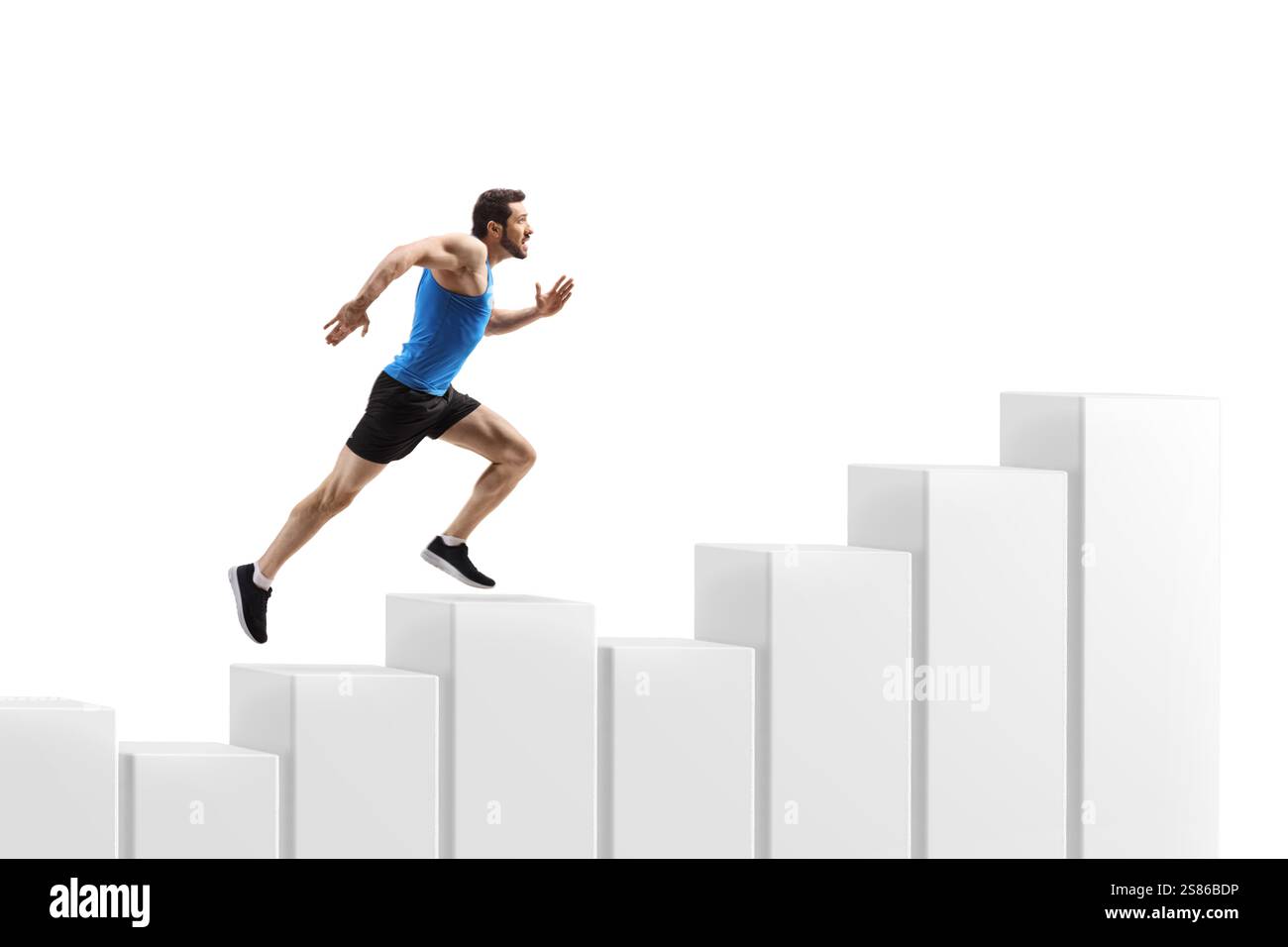 Full length profile shot of a fit man running on columns isolated on ...