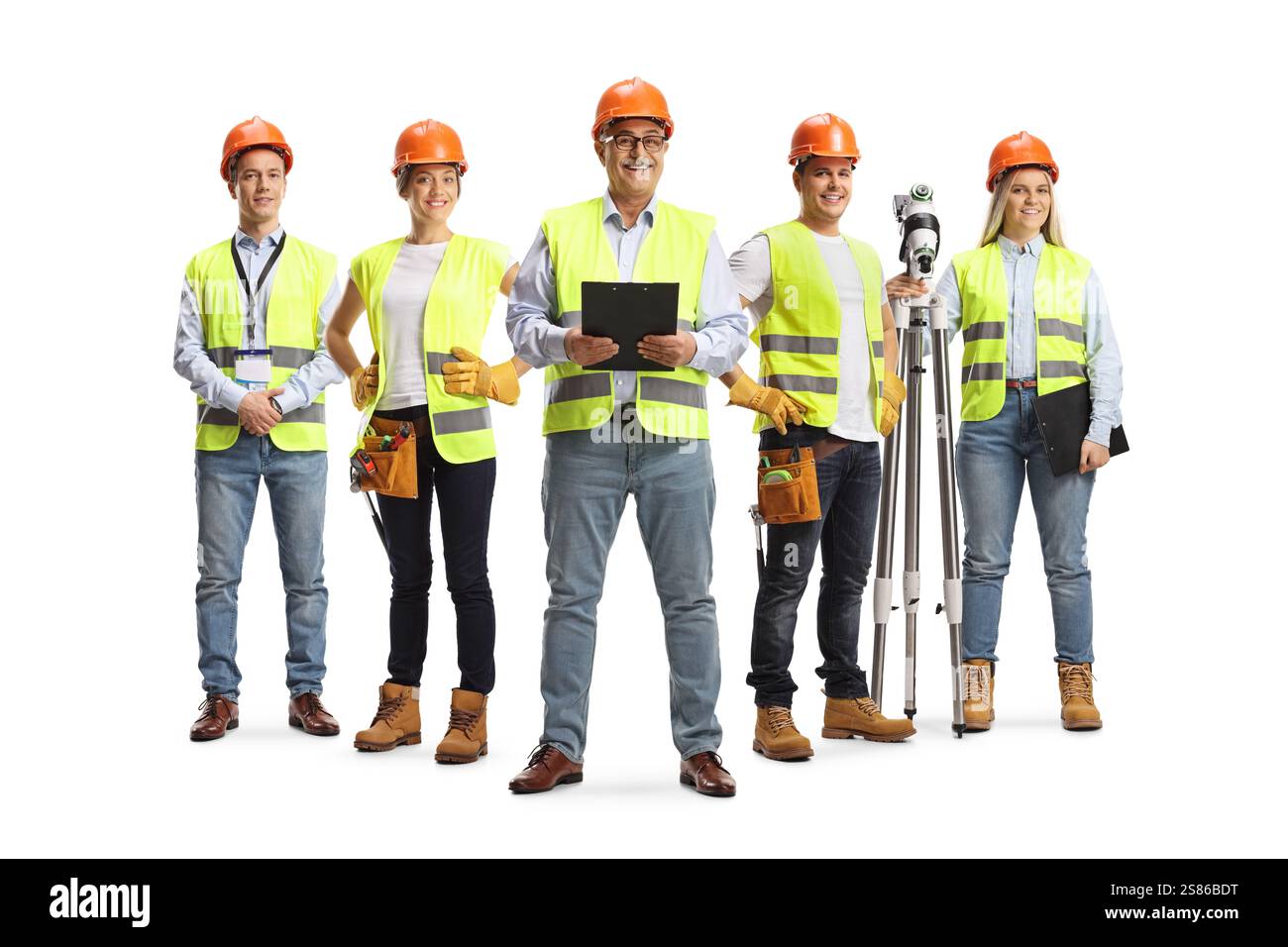 Group of male and female engineers and construction workers isolated on ...