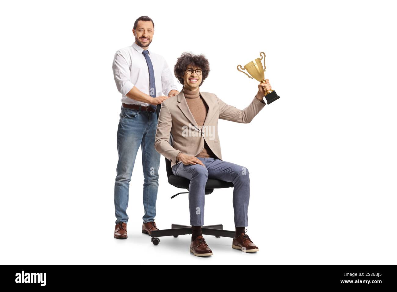 Team of professional men winning a trophy cup isolated on white ...