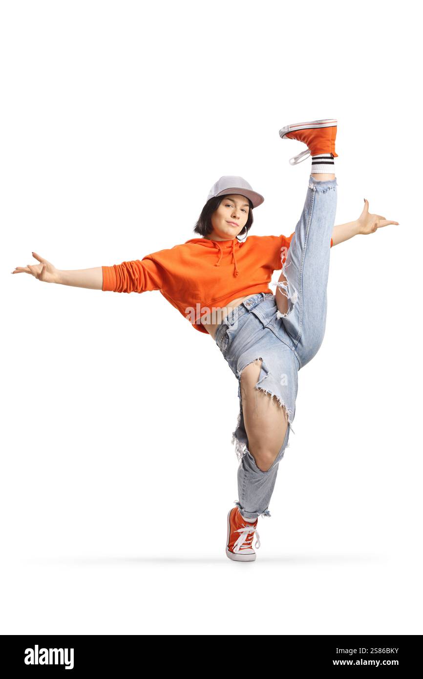 Female hip hop dancer with leg up isolated on white background Stock ...