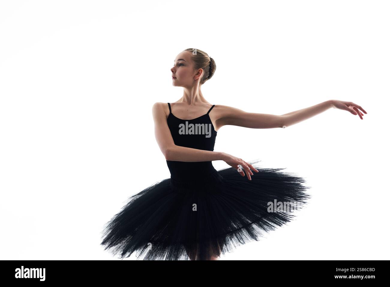 Portrait of a ballerina in a black tutu performing a classical ballet ...