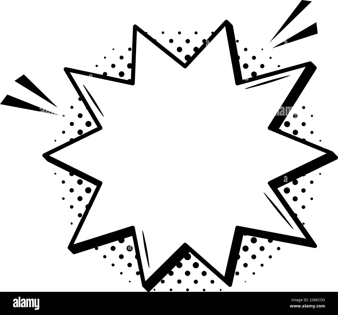 Jagged star shaped black and white empty speech bubble is exploding ...