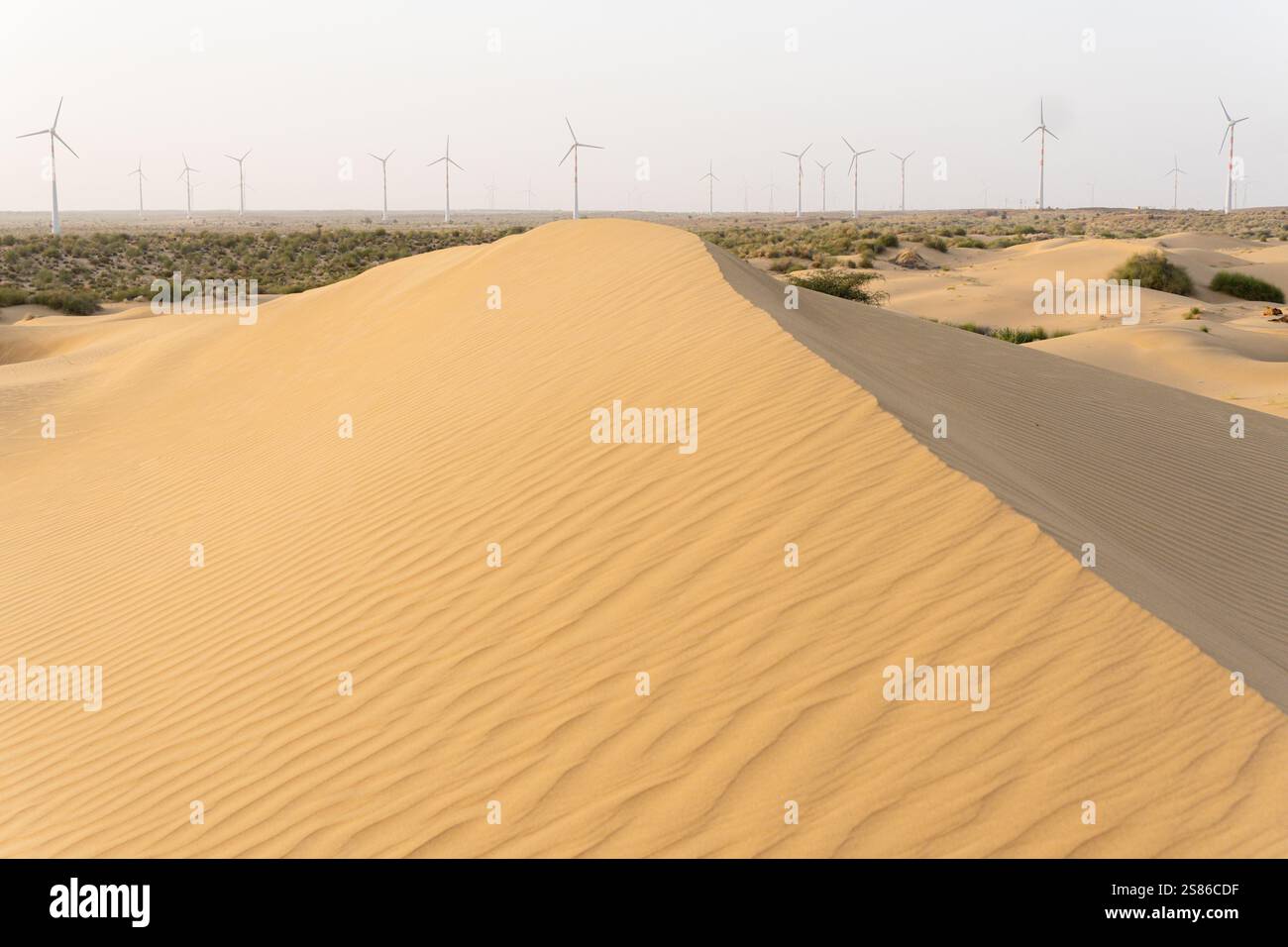 Sand dunes with wind turbines on the horizon in Thar desert near ...