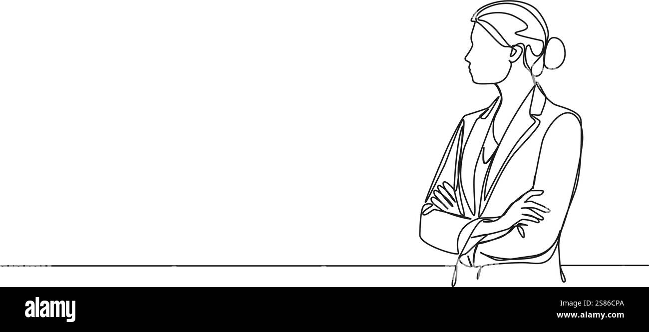 continuous single line drawing of businesswoman standing with arms ...