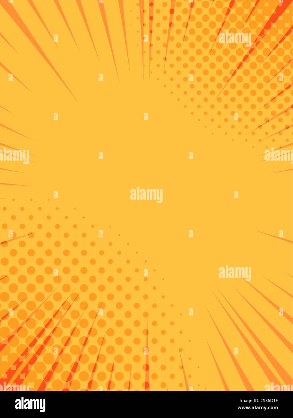 Orange radial zoom lines and halftone dots converging towards center ...