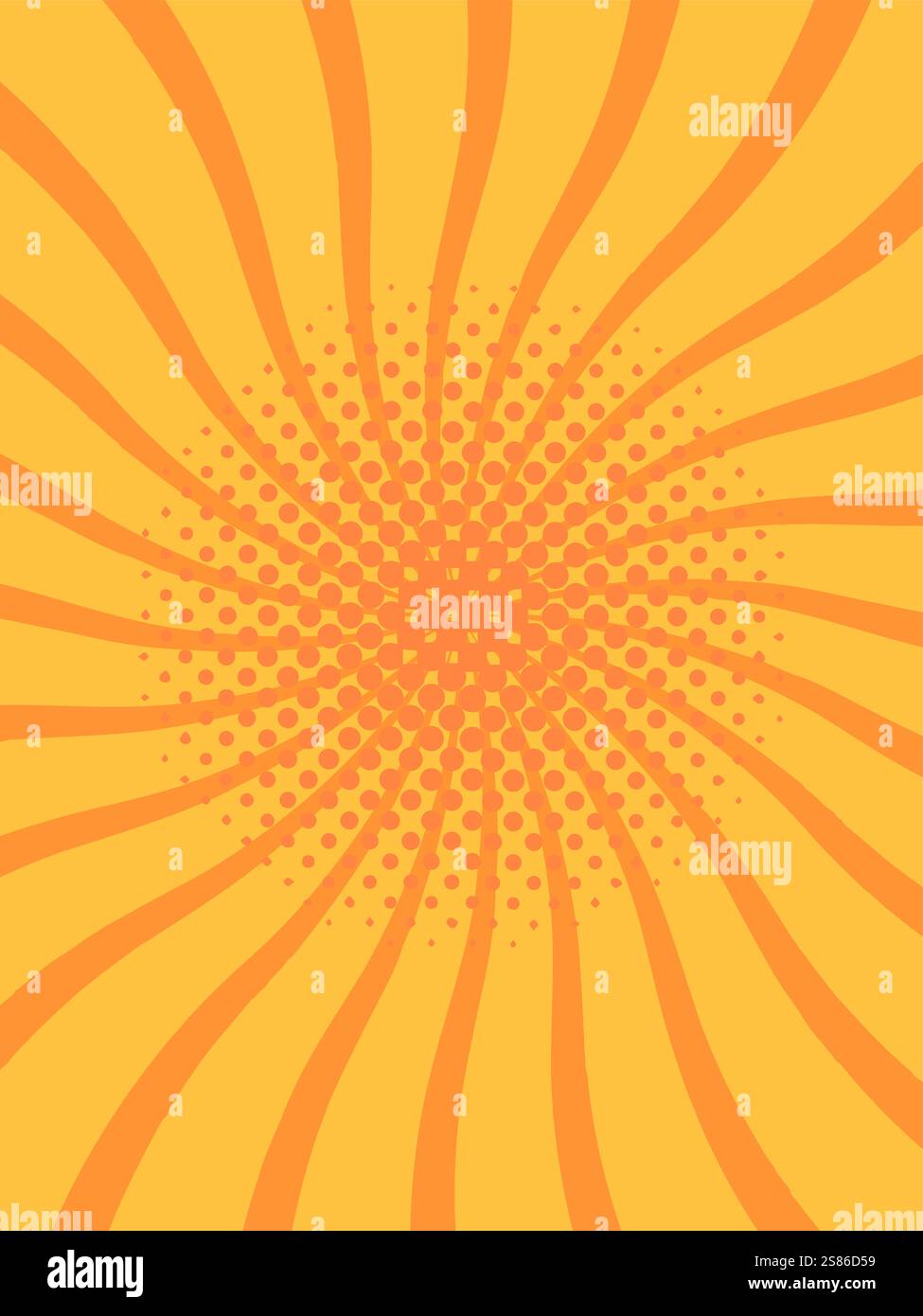 Vibrant orange and yellow pop art background featuring a radial dotted halftone pattern and ...