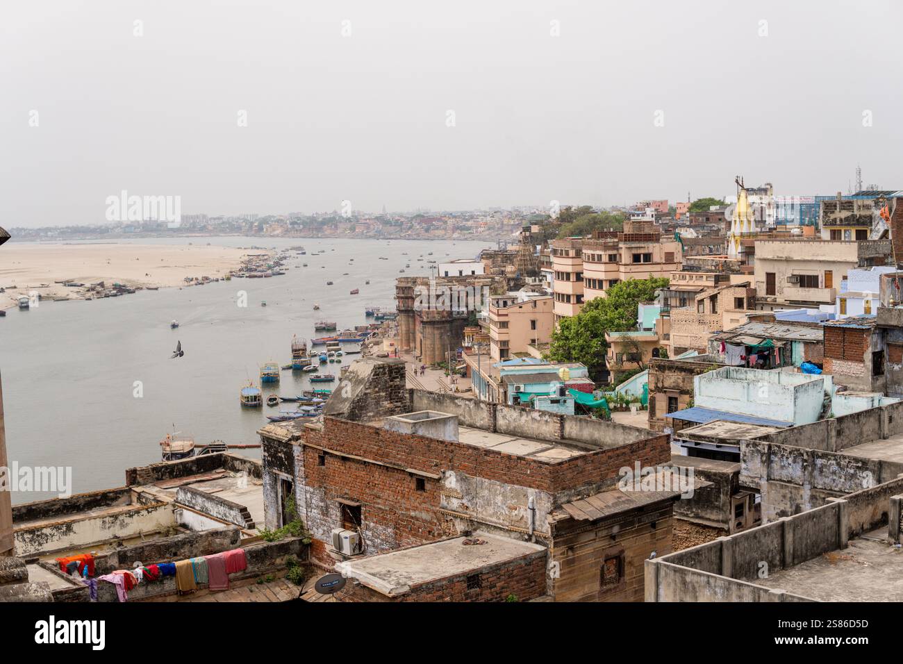 Aerial view over Varanasi old town and Ganges river in Uttar Pradesh ...