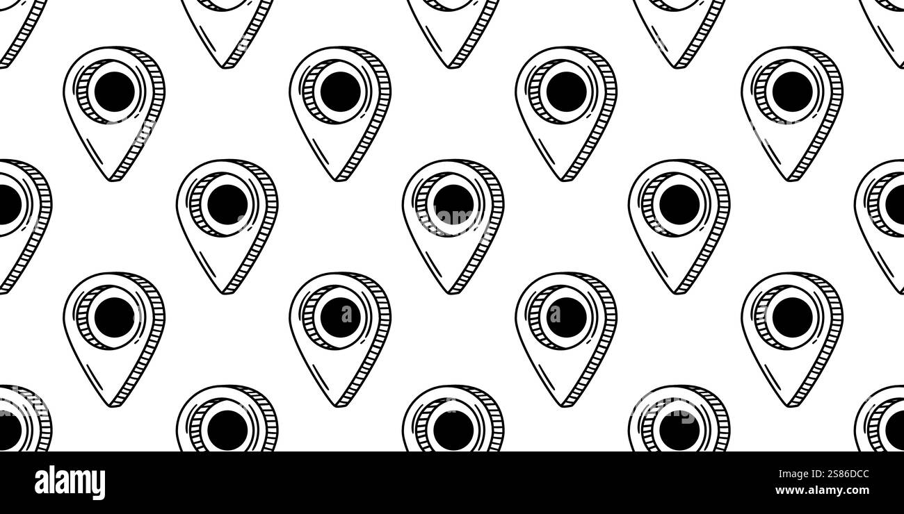 Monochrome seamless pattern with hand-drawn location pins on a white ...