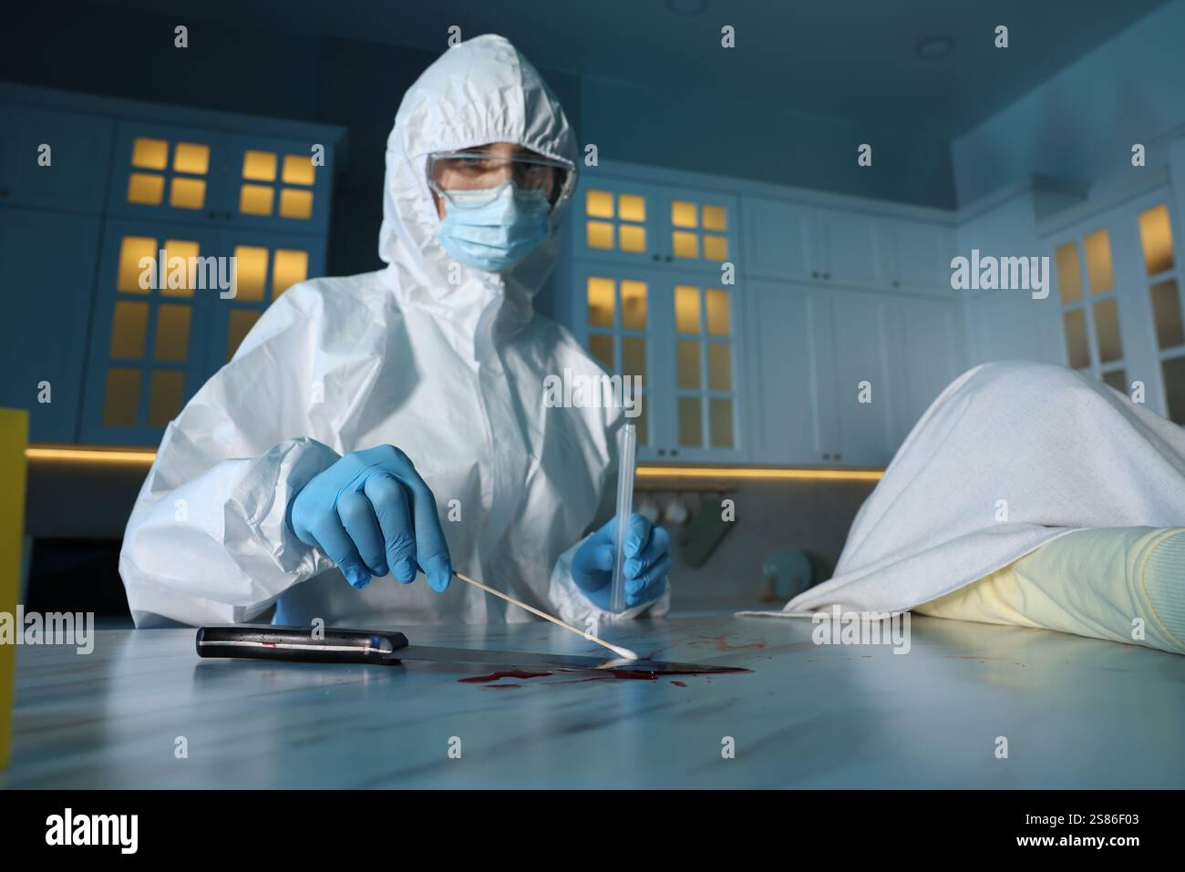 Forensic expert taking blood sample at countertop indoors, low angle ...