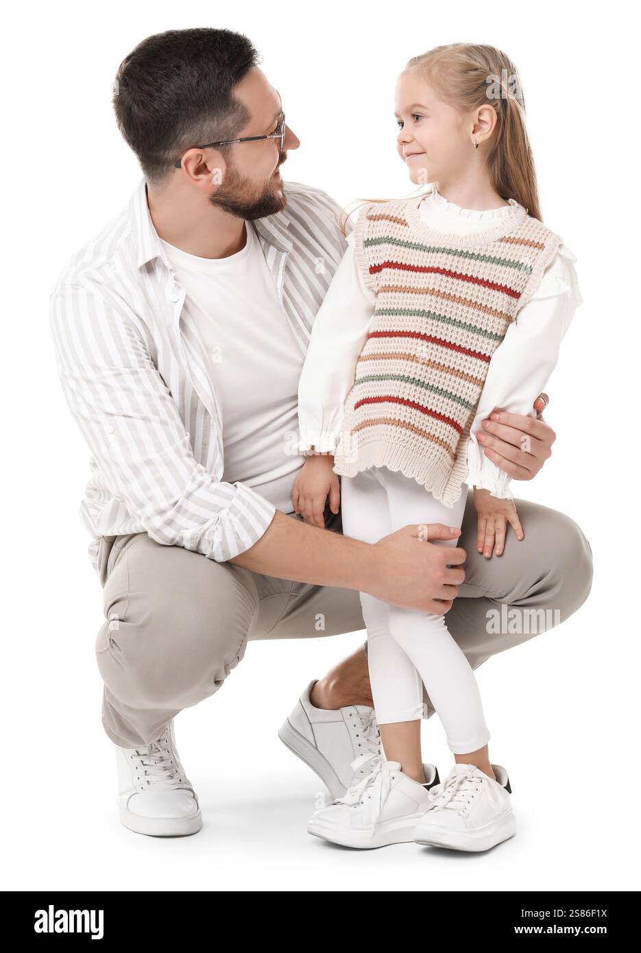 Happy father with his cute little daughter on white background Stock ...