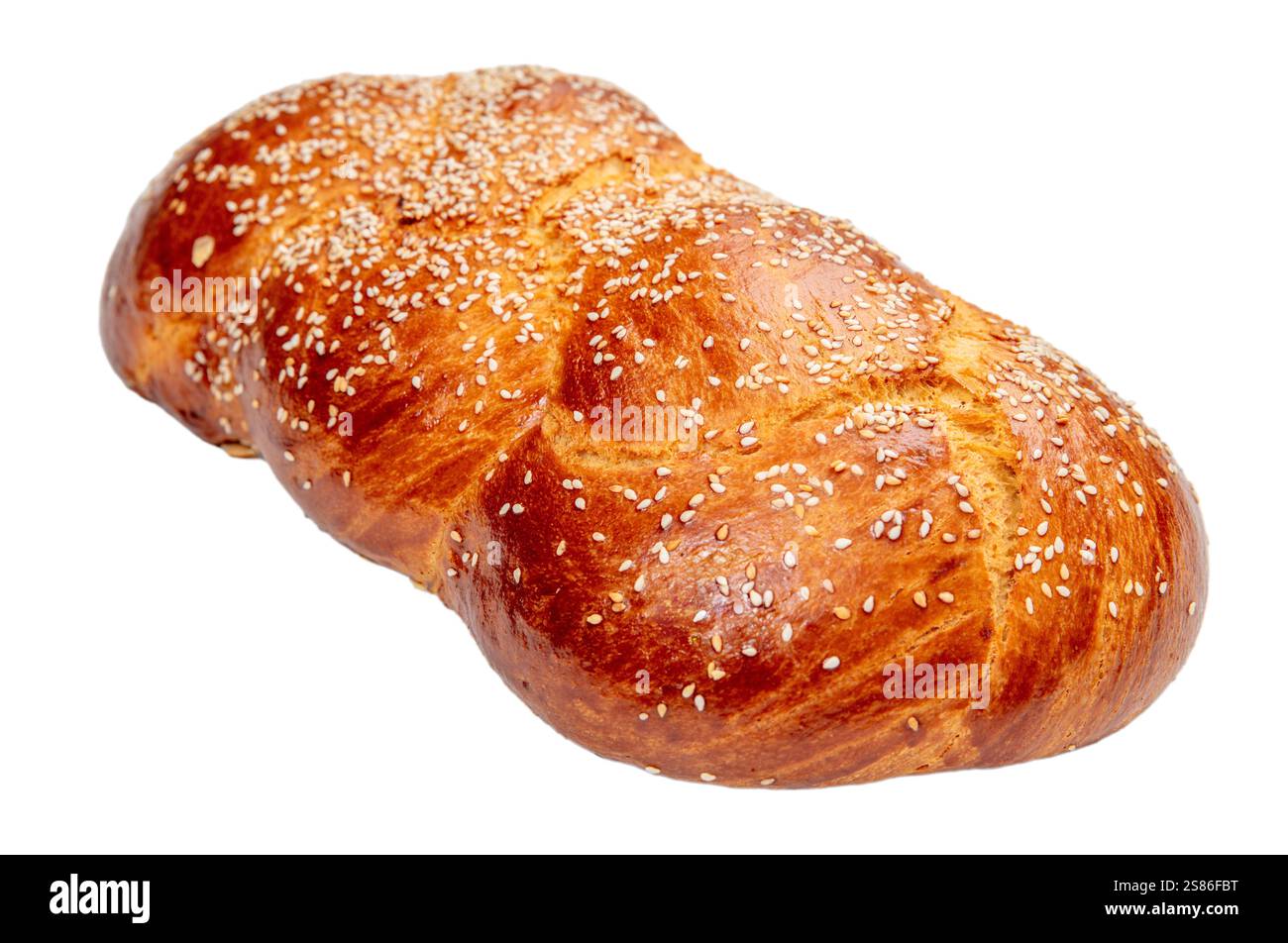 Easter bread greek tsoureki braid isolated on white. Sweet brioche with sesame seeds overhead ...